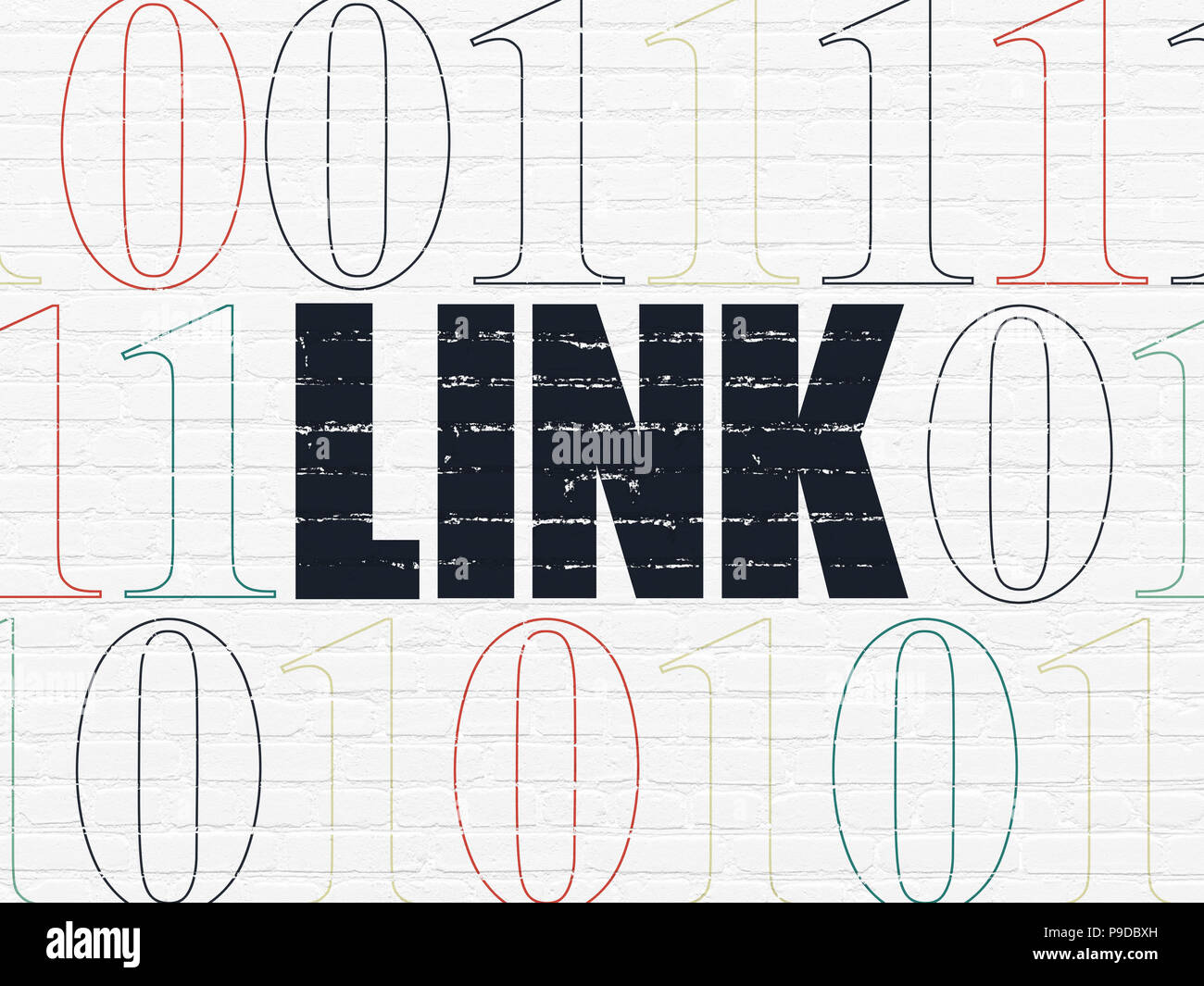 Web design concept: Painted black text Link on White Brick wall background with Binary Code ...