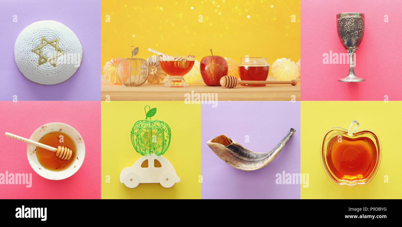 Rosh hashanah (jewish New Year holiday) collage concept. Traditional symbols Stock Photo - Alamy