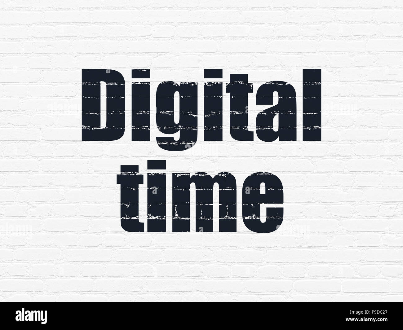 Time concept: Painted black text Digital Time on White Brick wall ...