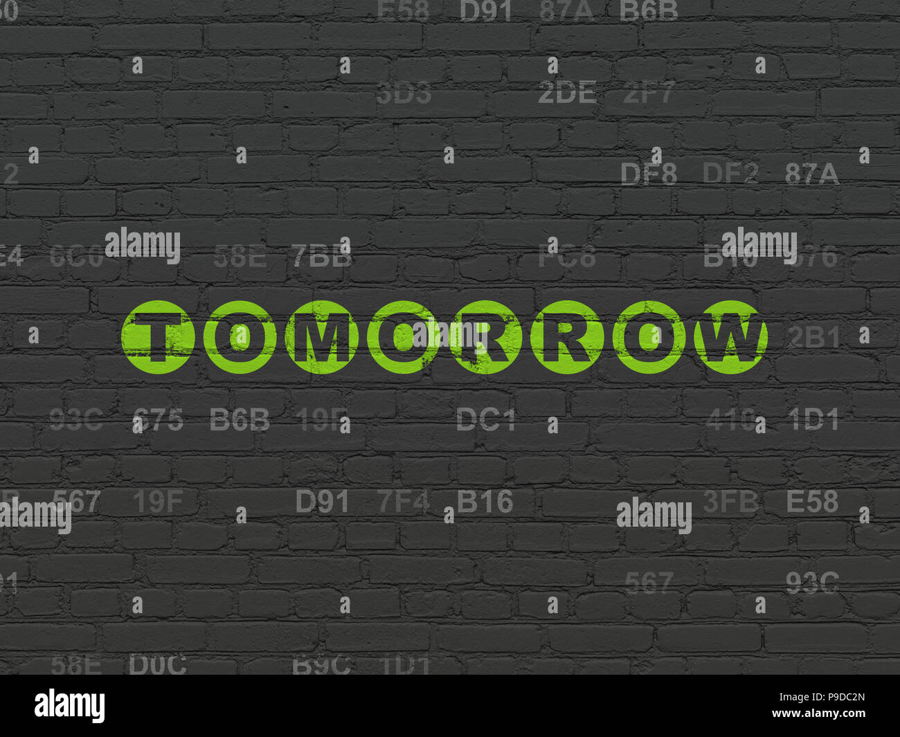 Timeline concept: Painted green text Tomorrow on Black Brick wall background with Hexadecimal ...