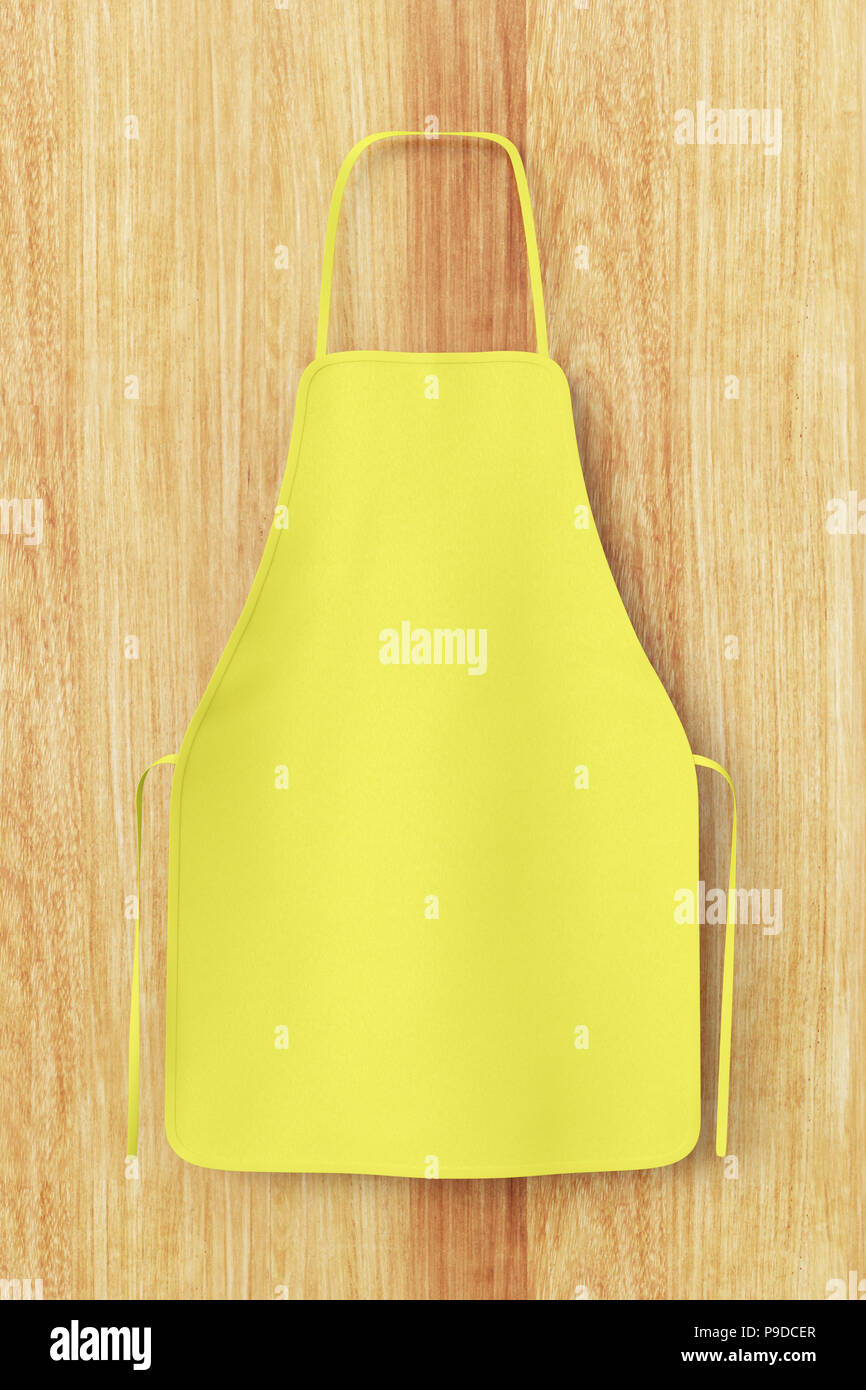 Blank yellow apron isolated on wooden background with clipping path. 3d ...