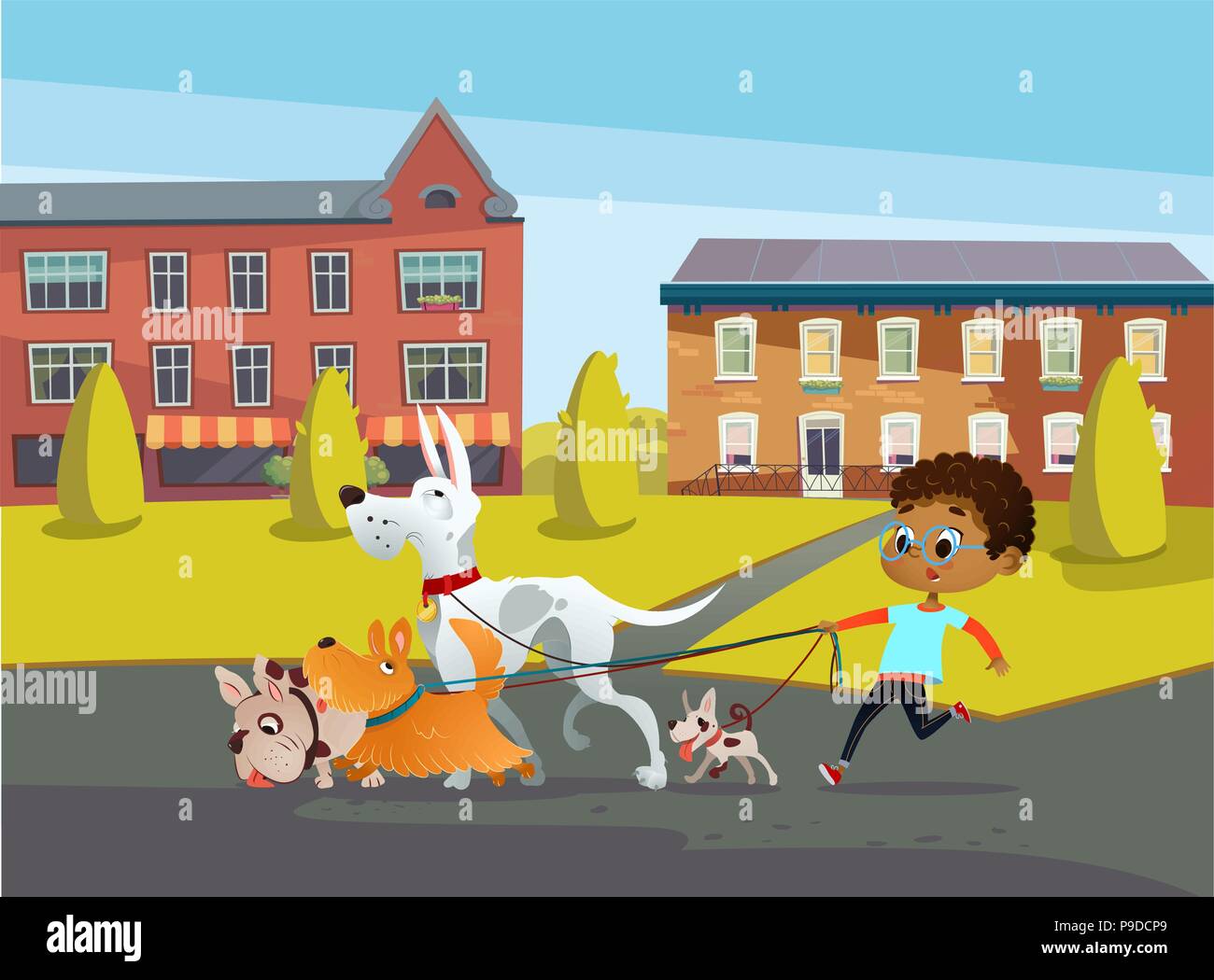 African-American boy holds a dog-lead and looks after pets. Kid walks ...