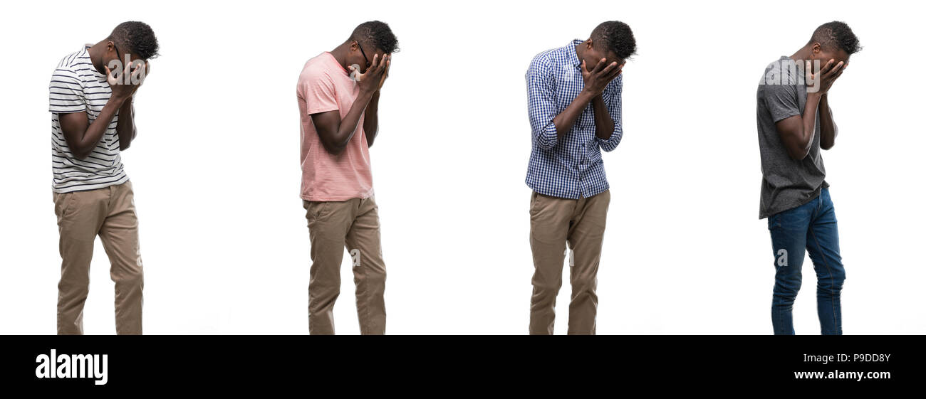 Collage of african american man wearing different outfits with sad ...