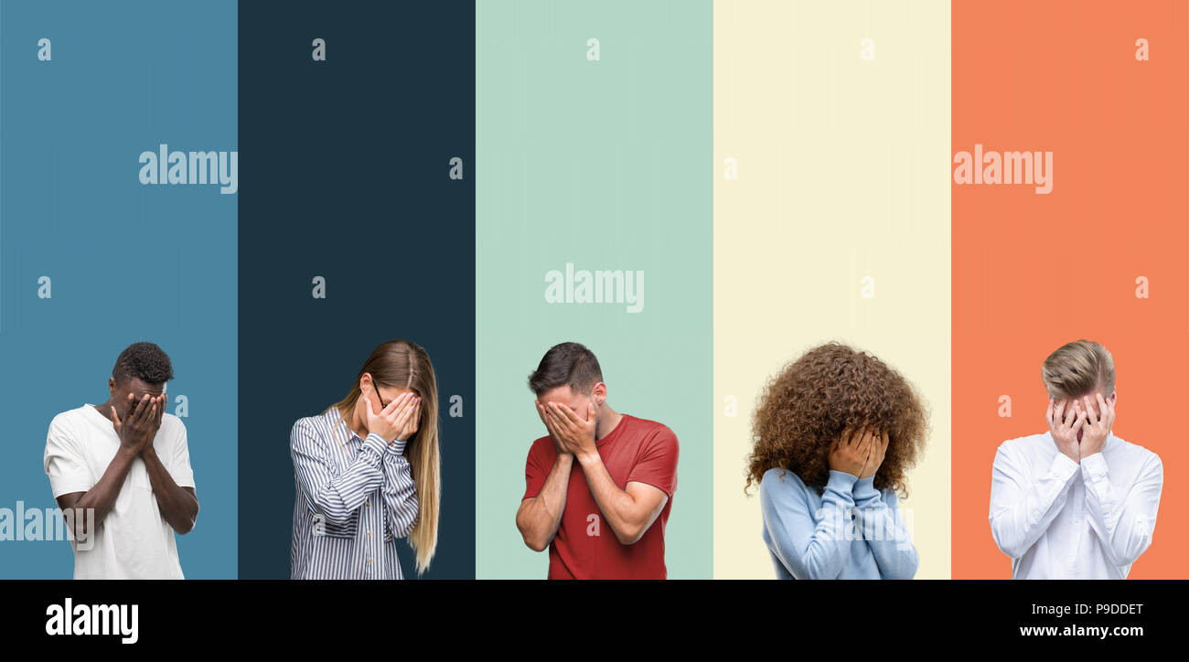 Group of people over vintage colors background with sad expression ...