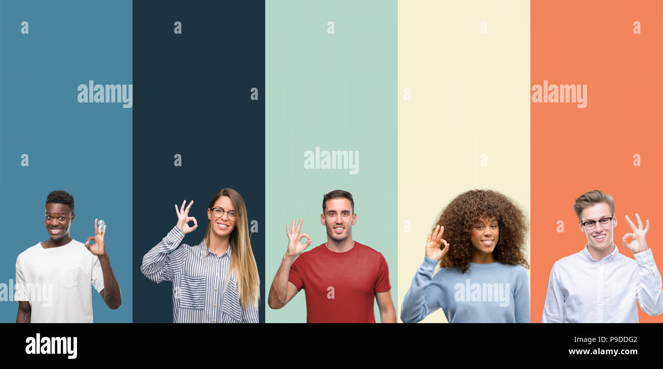 Group of people over vintage colors background smiling positive doing ...