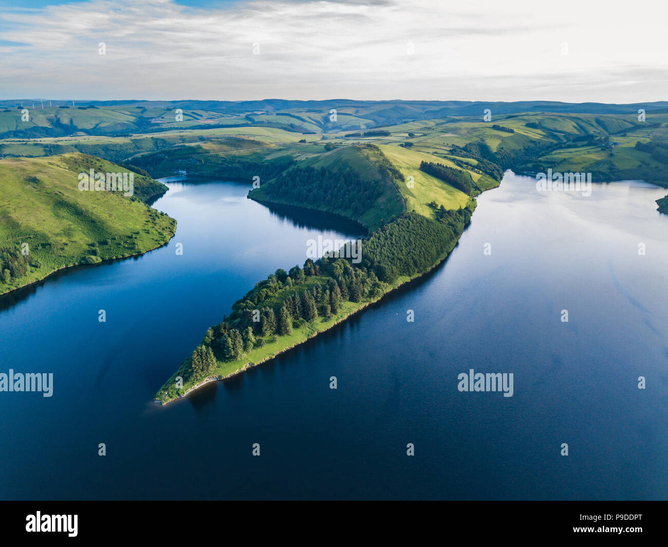 An aerial landscape of the lake near the Llyn Clywedog Dam, Llanidloes ...