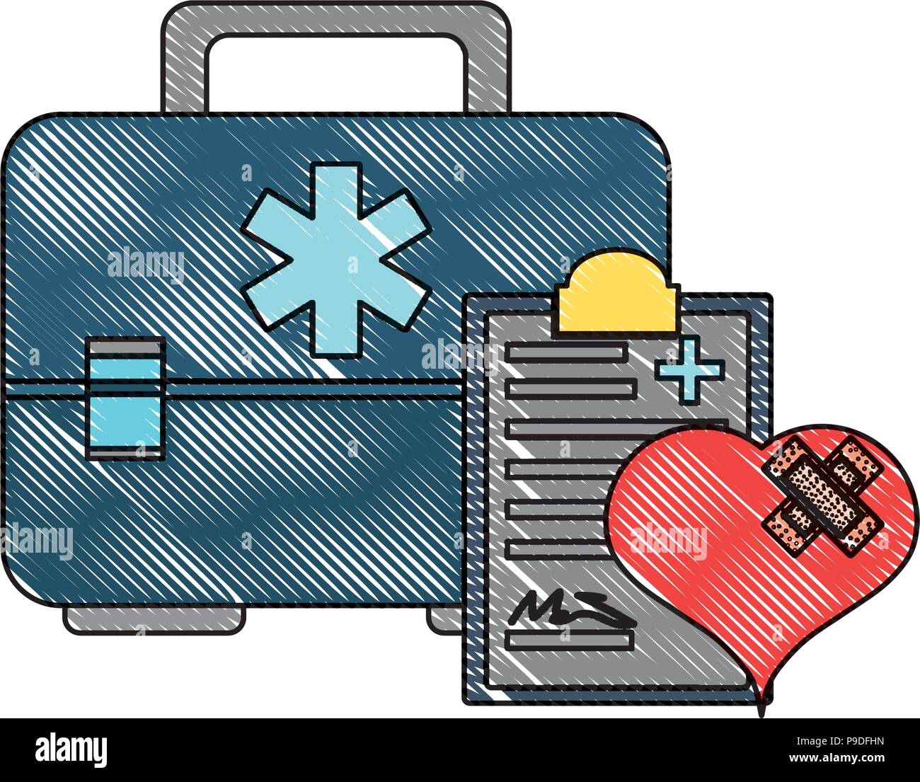 first aid kit with medical report and heart over white background ...