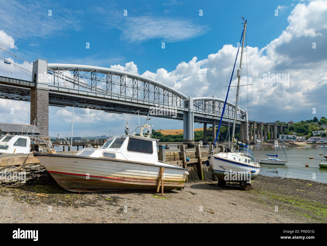 Saltash Cornwall England July 12, 2018 The Tamar bridges seen from the ...