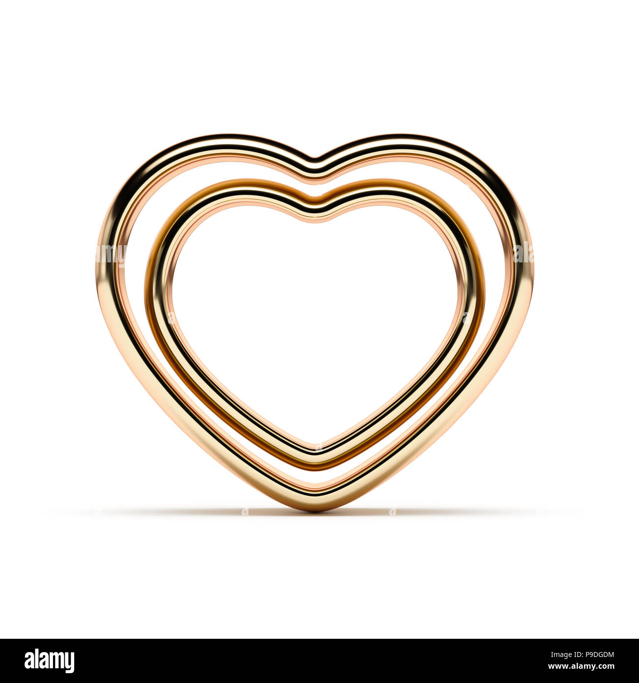 Heart shaped golden rings front view. 3d rendering illustration ...