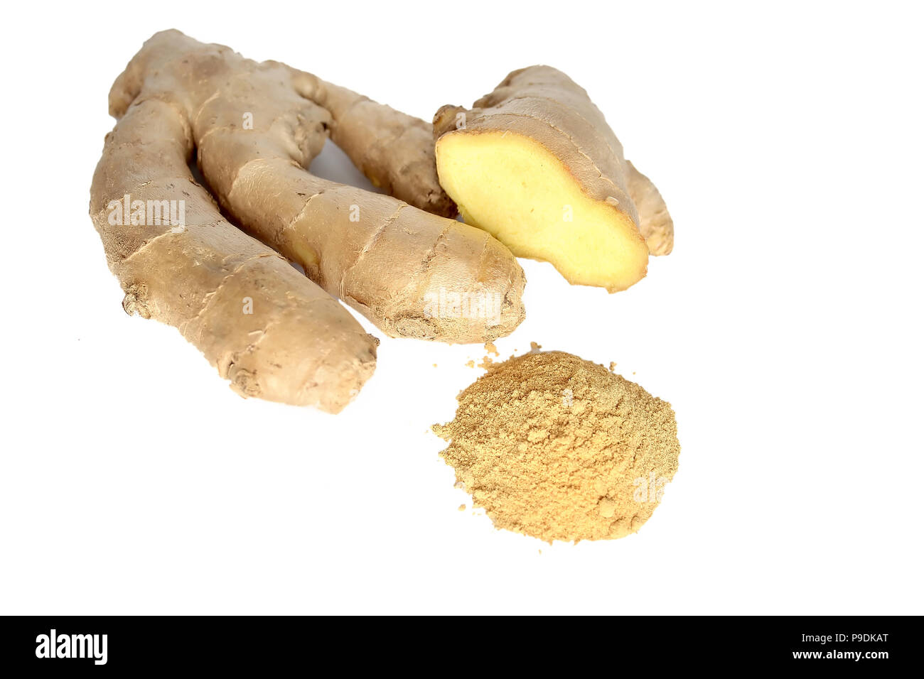 Fresh ginger root and ground ginger isolated spice on white background ...