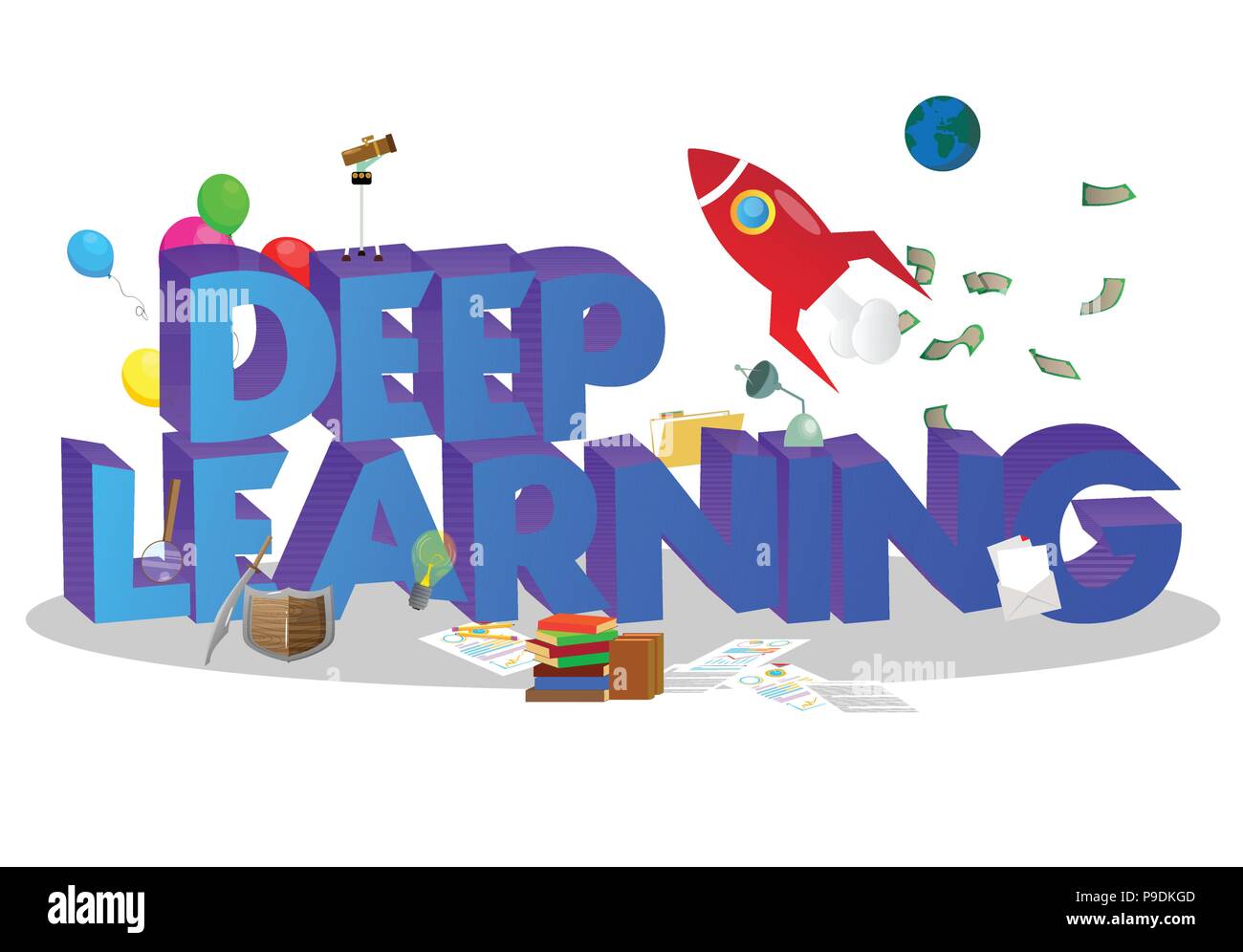 Cartoon little objects with word Deep Learning. Miniature scene of ...