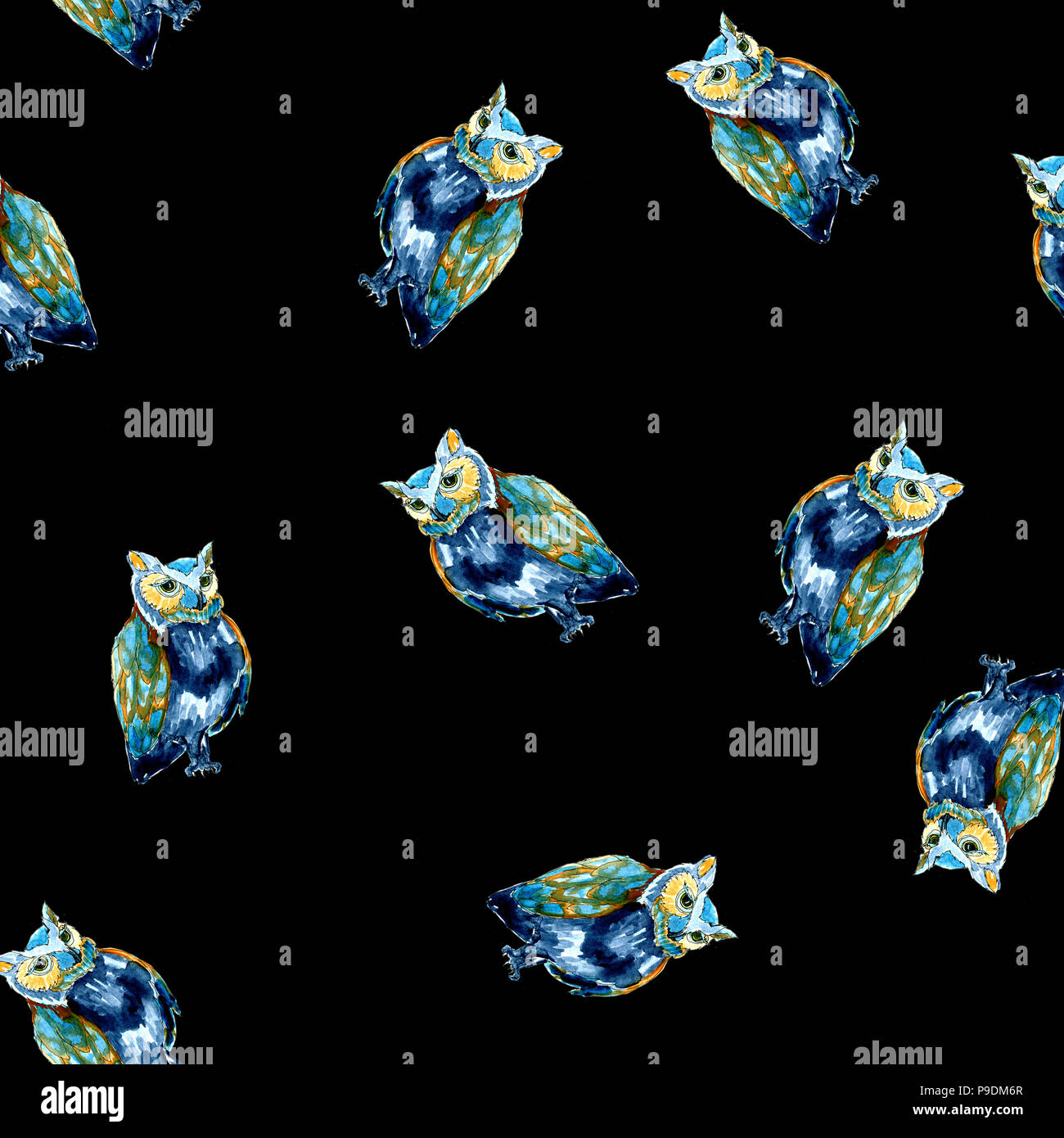 Watercolour owl seamless pattern on black Stock Photo - Alamy