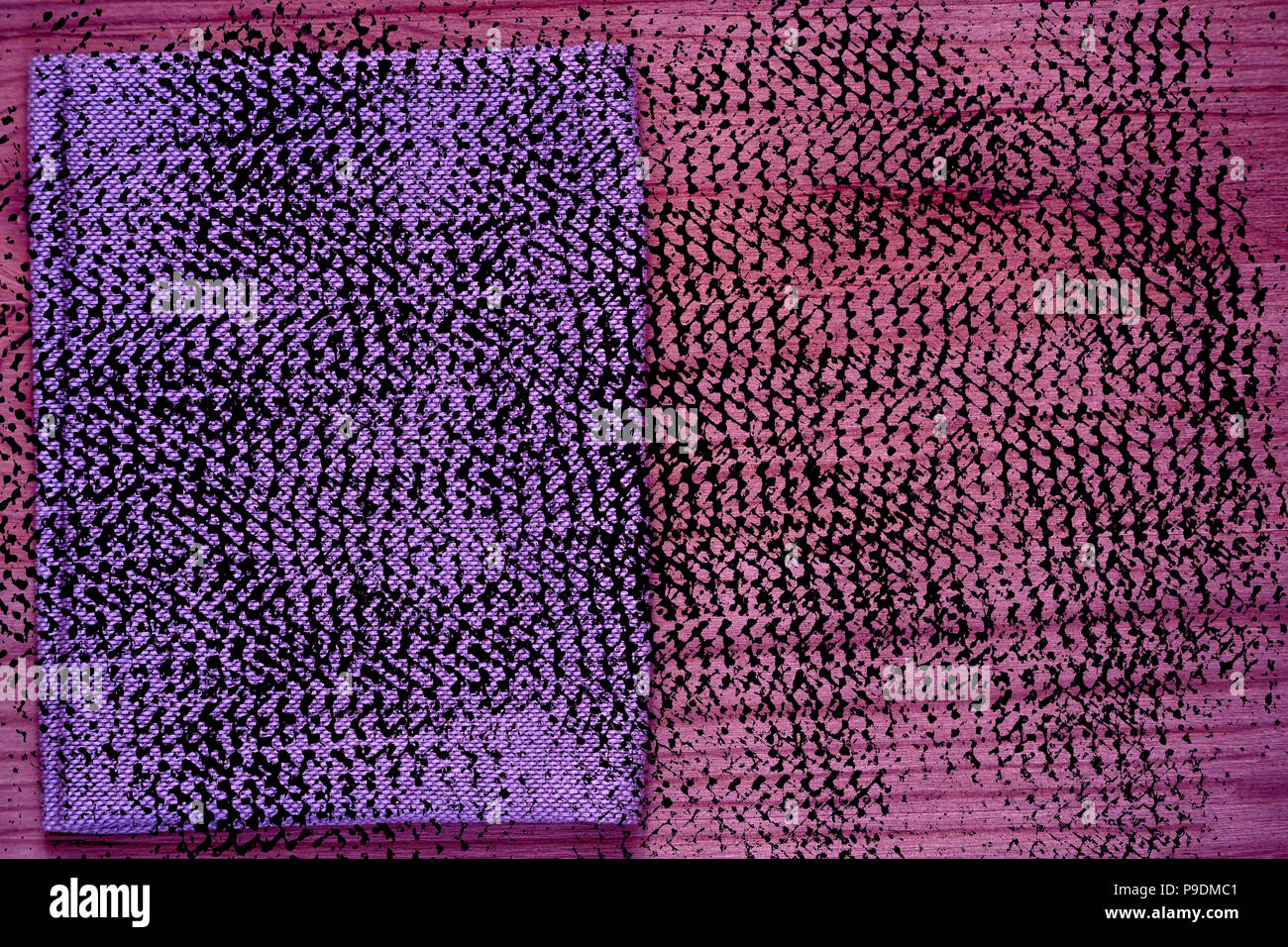 Ultra purple Postcard sample, linen fabric surface on wooden table with ...