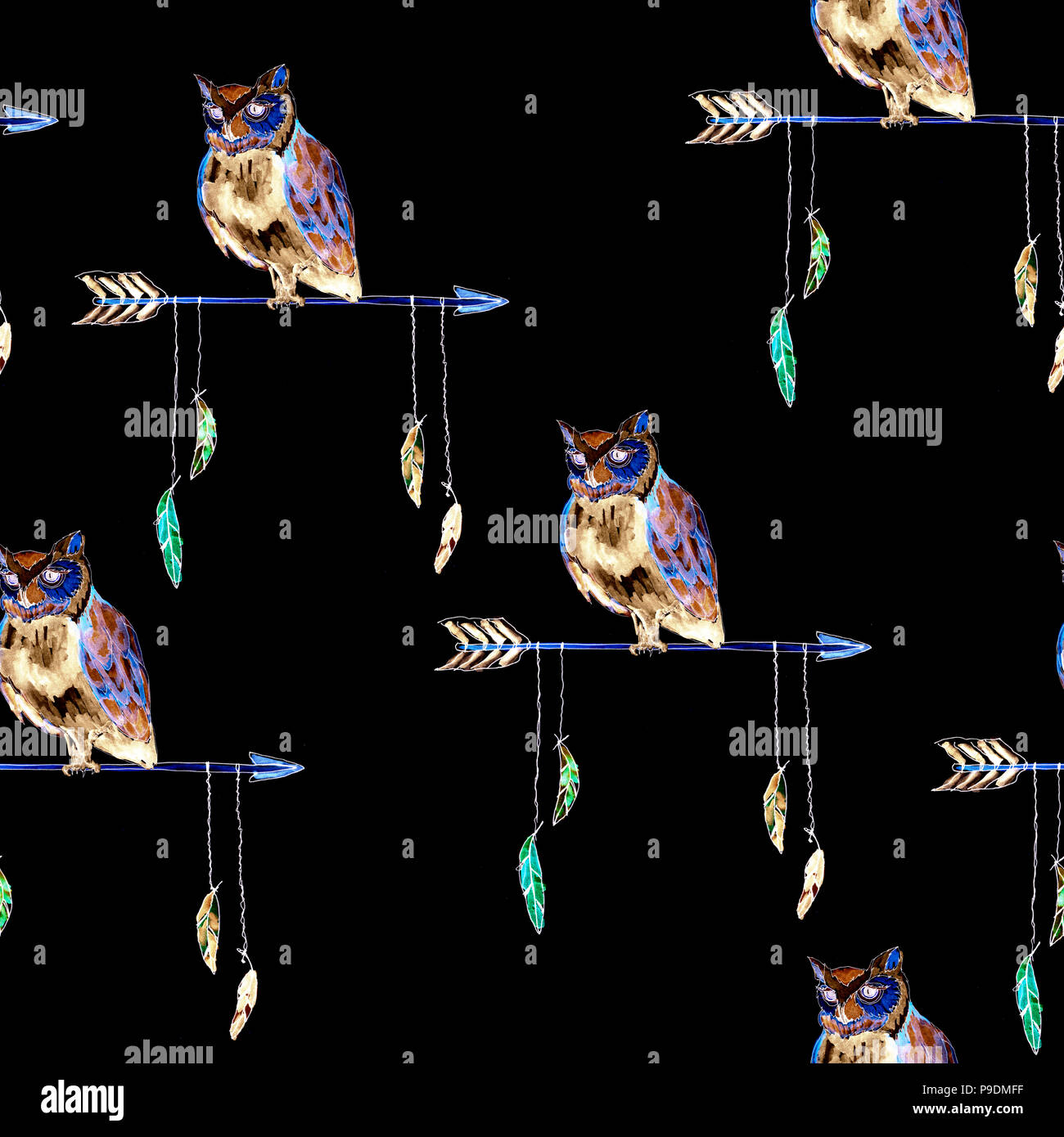 Watercolour Native american arrow with owl seamless pattern on black ...