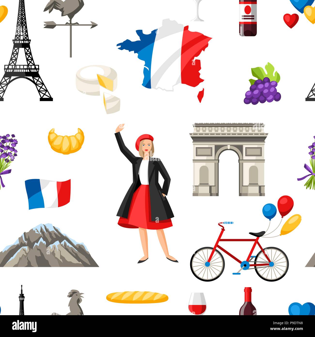 France seamless pattern. French traditional symbols and objects Stock ...