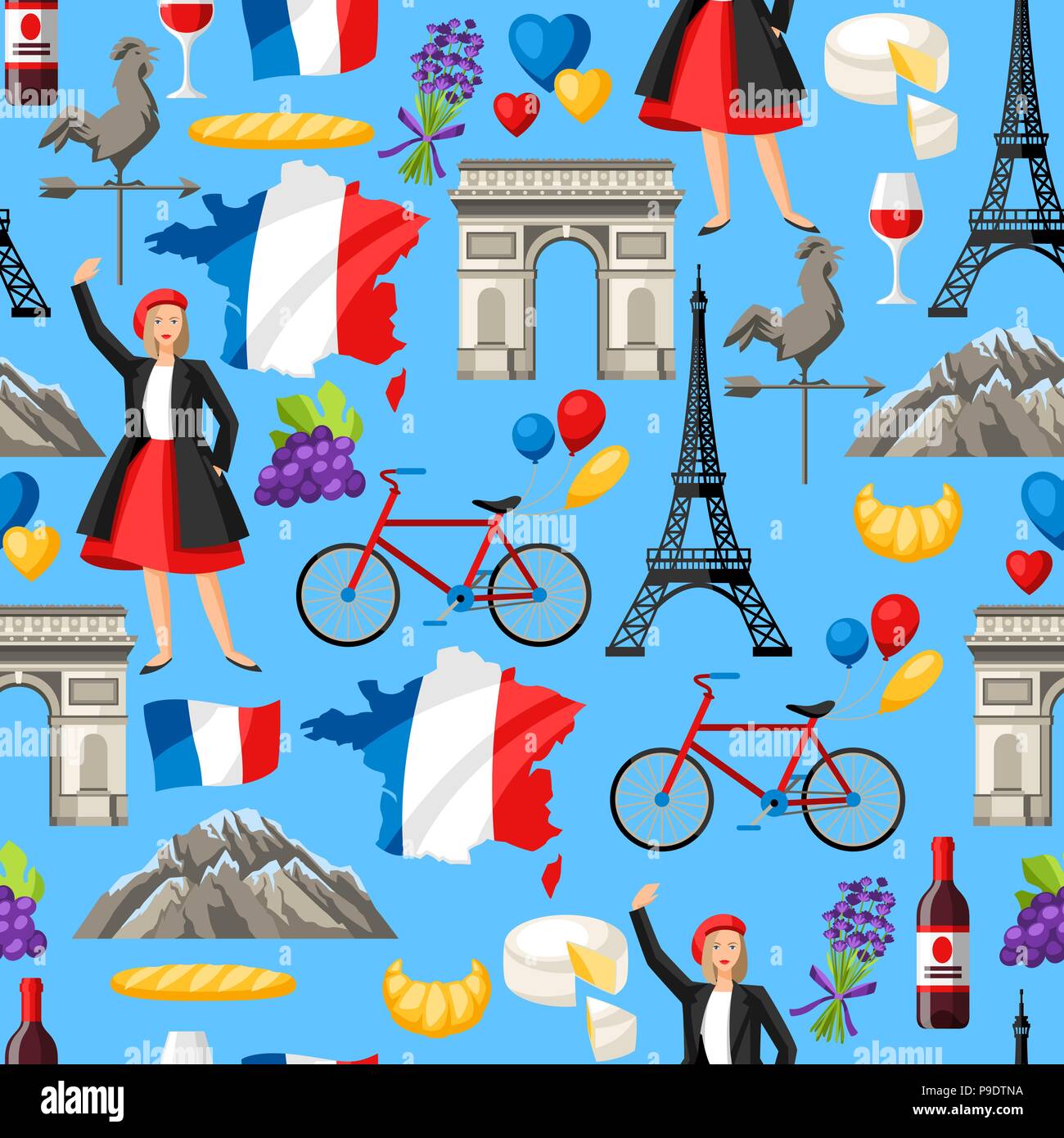 France seamless pattern. French traditional symbols and objects Stock ...