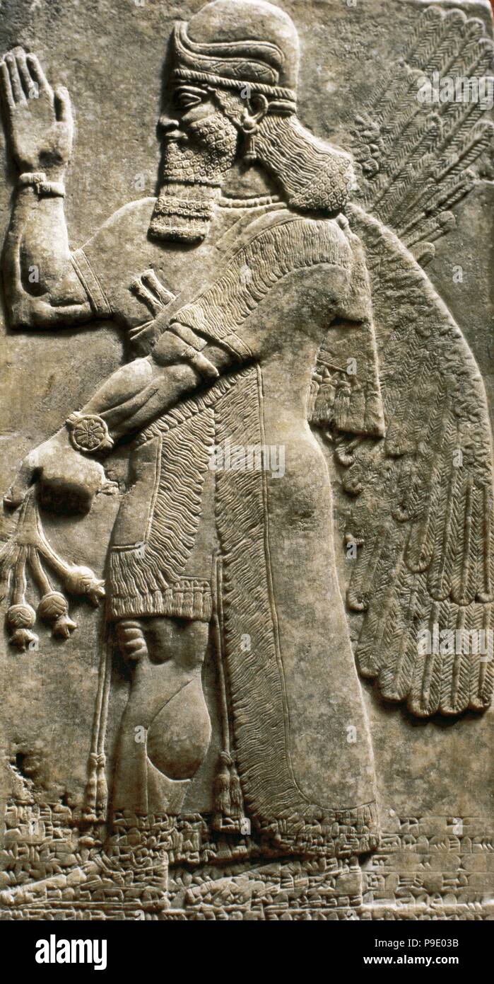 Mesopotamian-Assyrian art. Relief depicting a winged genius, protector ...