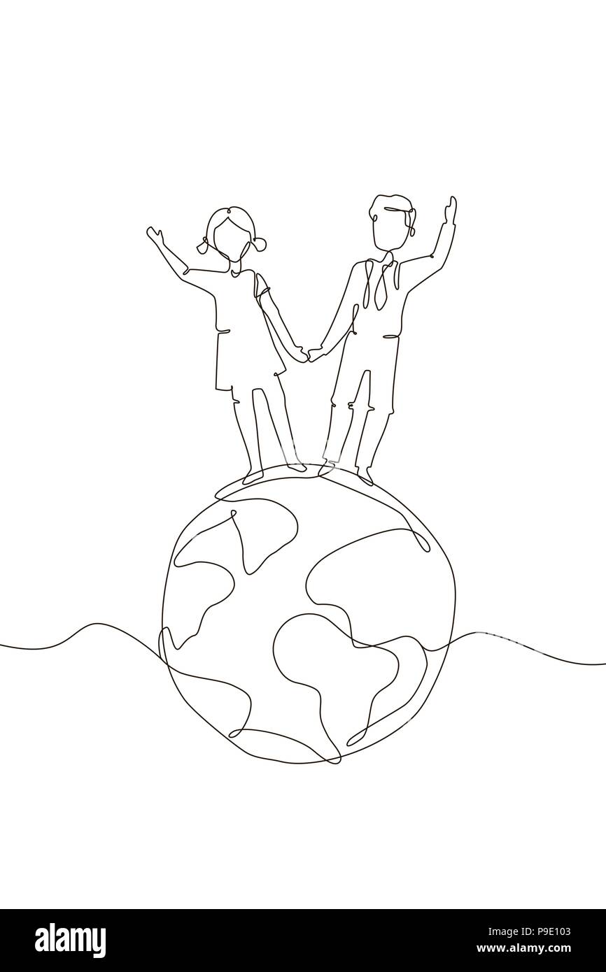 Children standing a globe - one line design style illustration Stock ...
