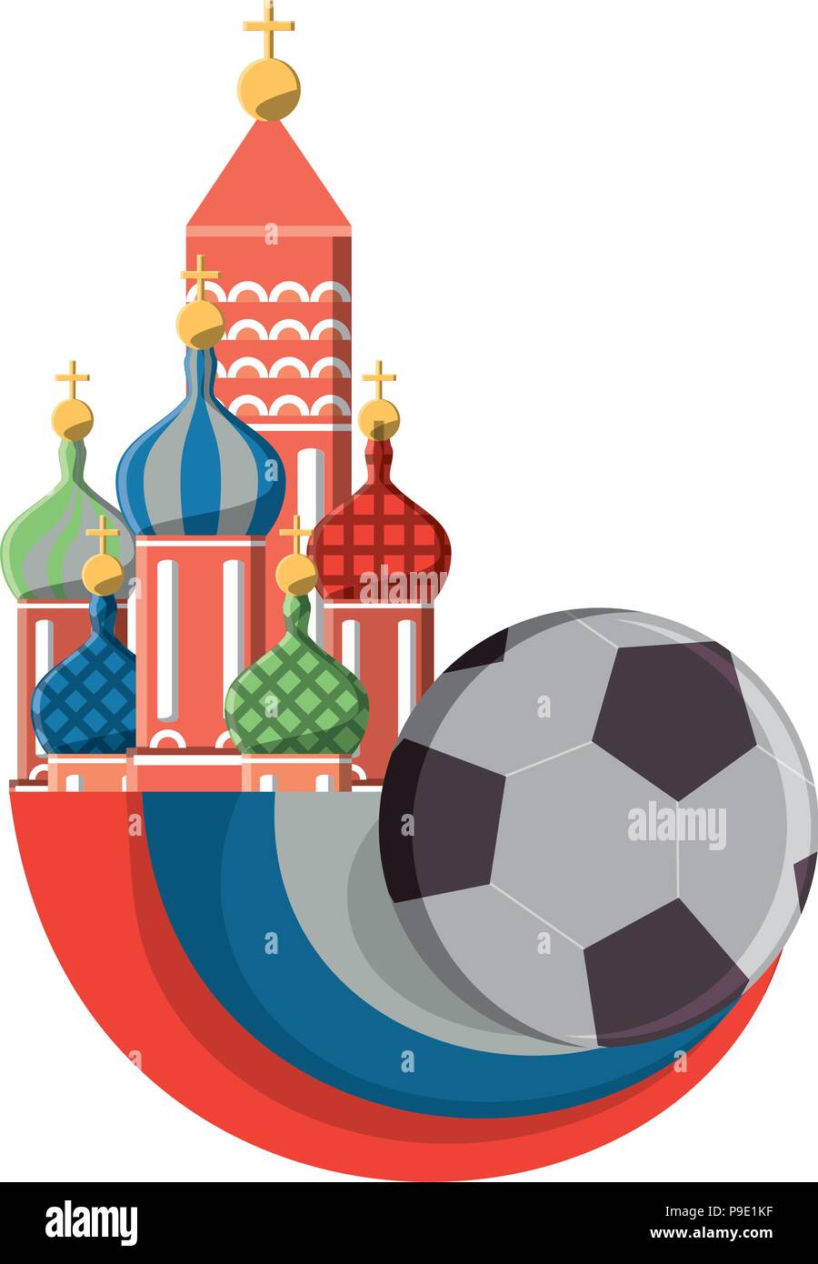 Saint Basil's Cathedral with football ball and russia flag icon over ...