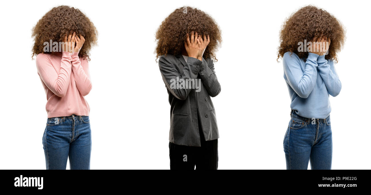 African american young woman wearing different outfits with sad ...