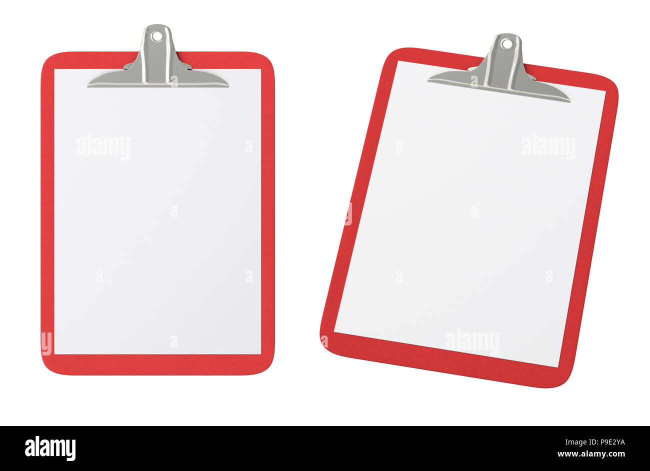 Two red clipboards with blank white paper pages isolated on white ...