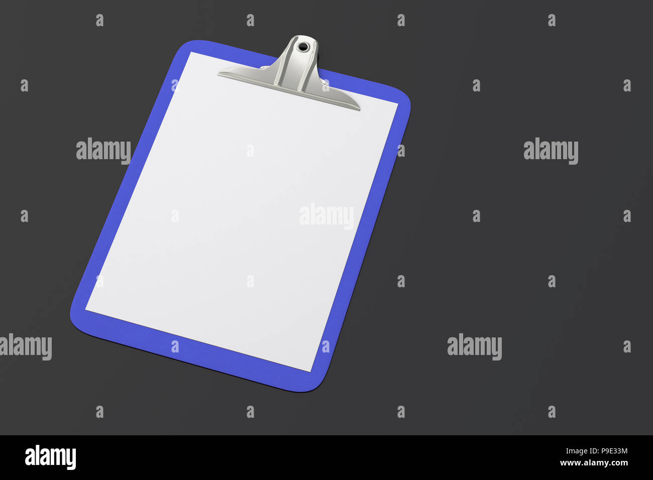 Blue clipboard with blank white paper pages isolated on black ...