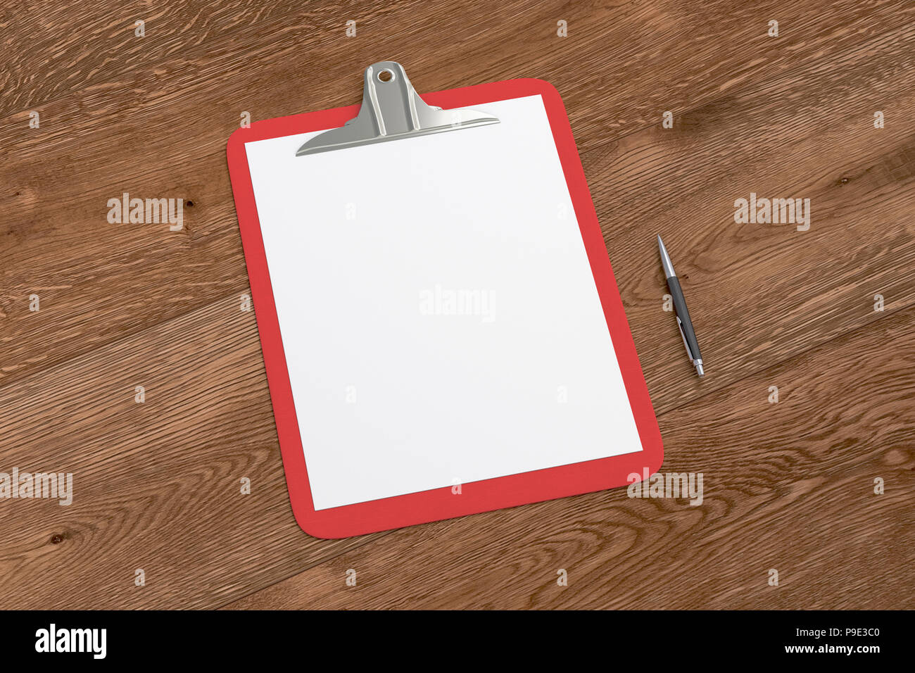 Red clipboard with blank white paper pages and ball pen isolated on ...