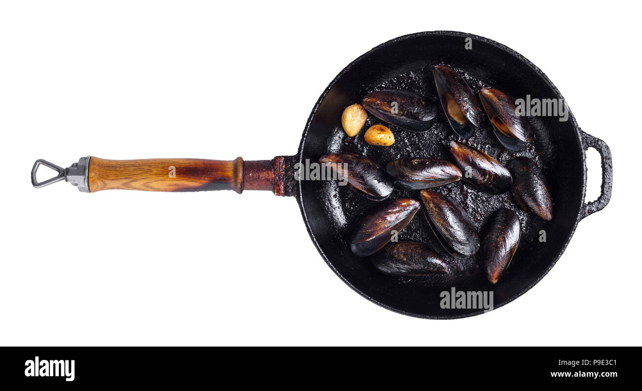 frying pan with cooked mussels on white isolated background Stock Photo ...