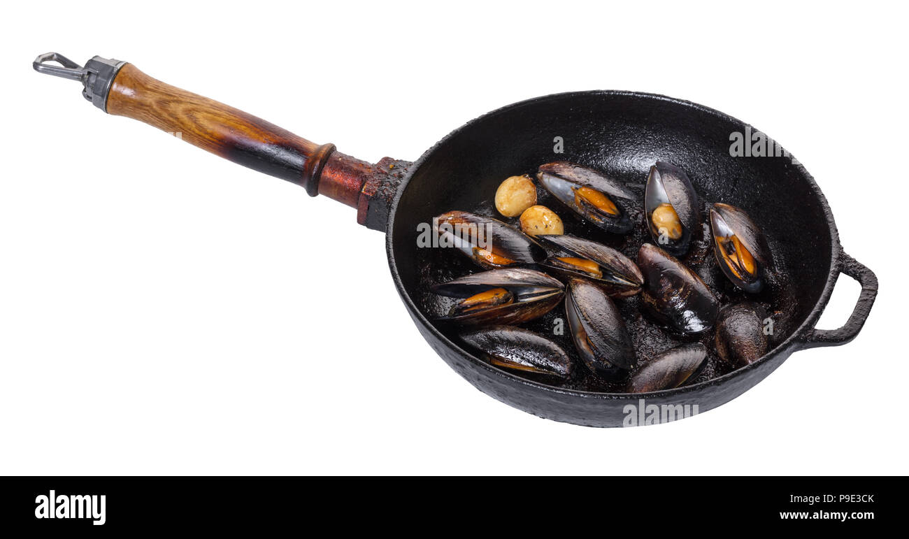 frying pan with cooked mussels on white isolated background Stock Photo ...