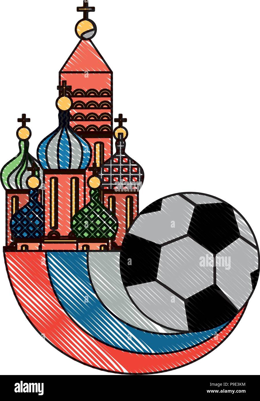Saint Basil's Cathedral with football ball and russia flag icon over ...