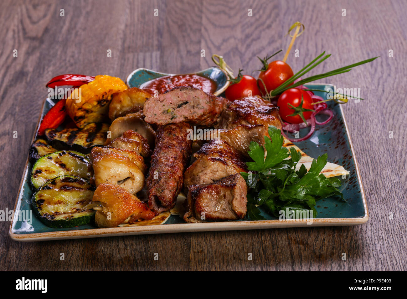 Grilled plate mix assortment meat Stock Photo - Alamy