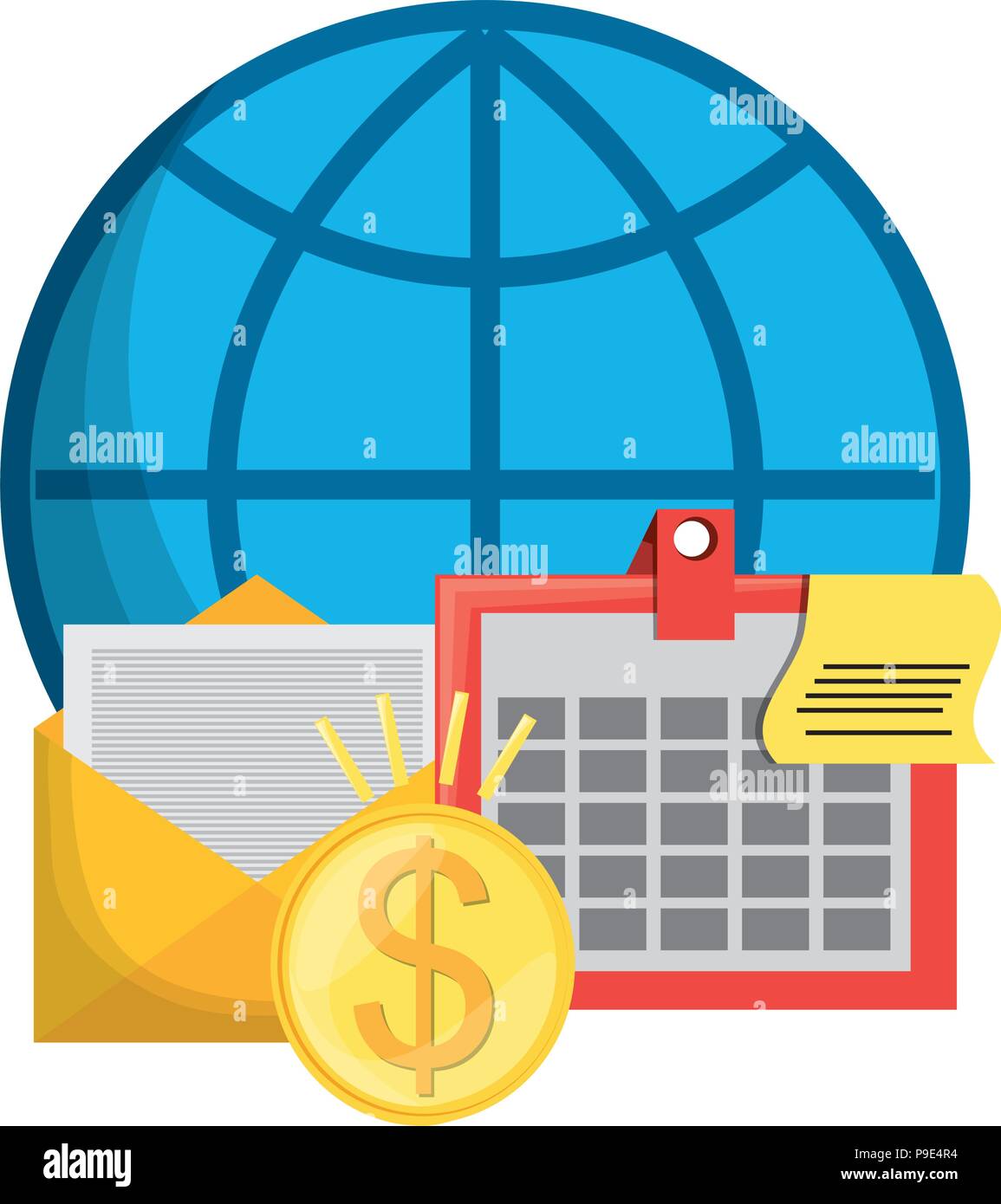 global sphere with envelope and money coin over white background ...