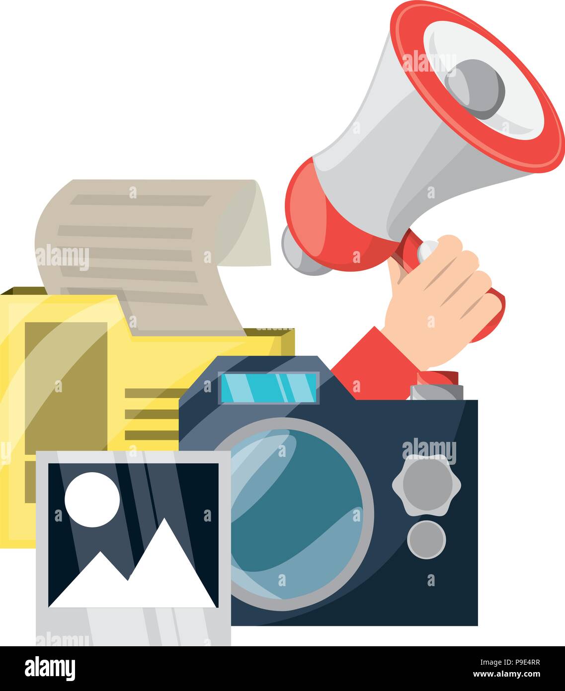 photographic camera with megaphone and folder over white background ...