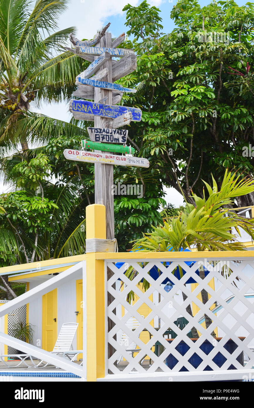Direction signs to different islands posted outdoors, weathered at ...