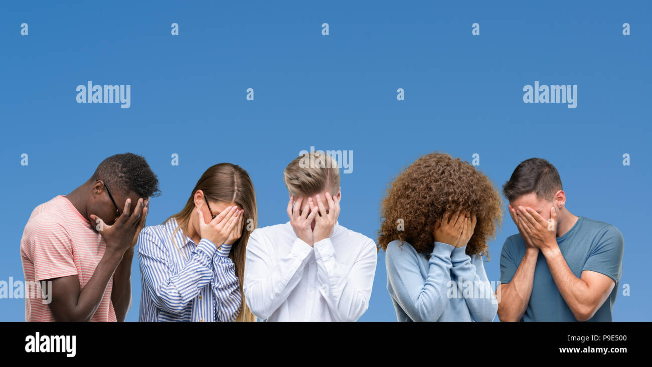 Composition of group of friends over blue blackground with sad ...