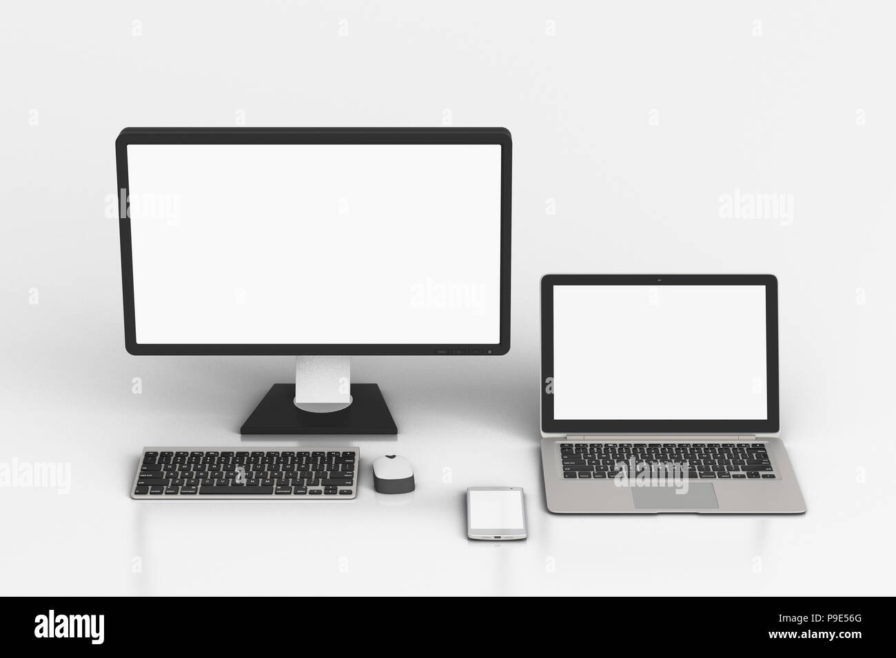 Blank screen desktop monitor, laptop and smartphone isolated on white ...