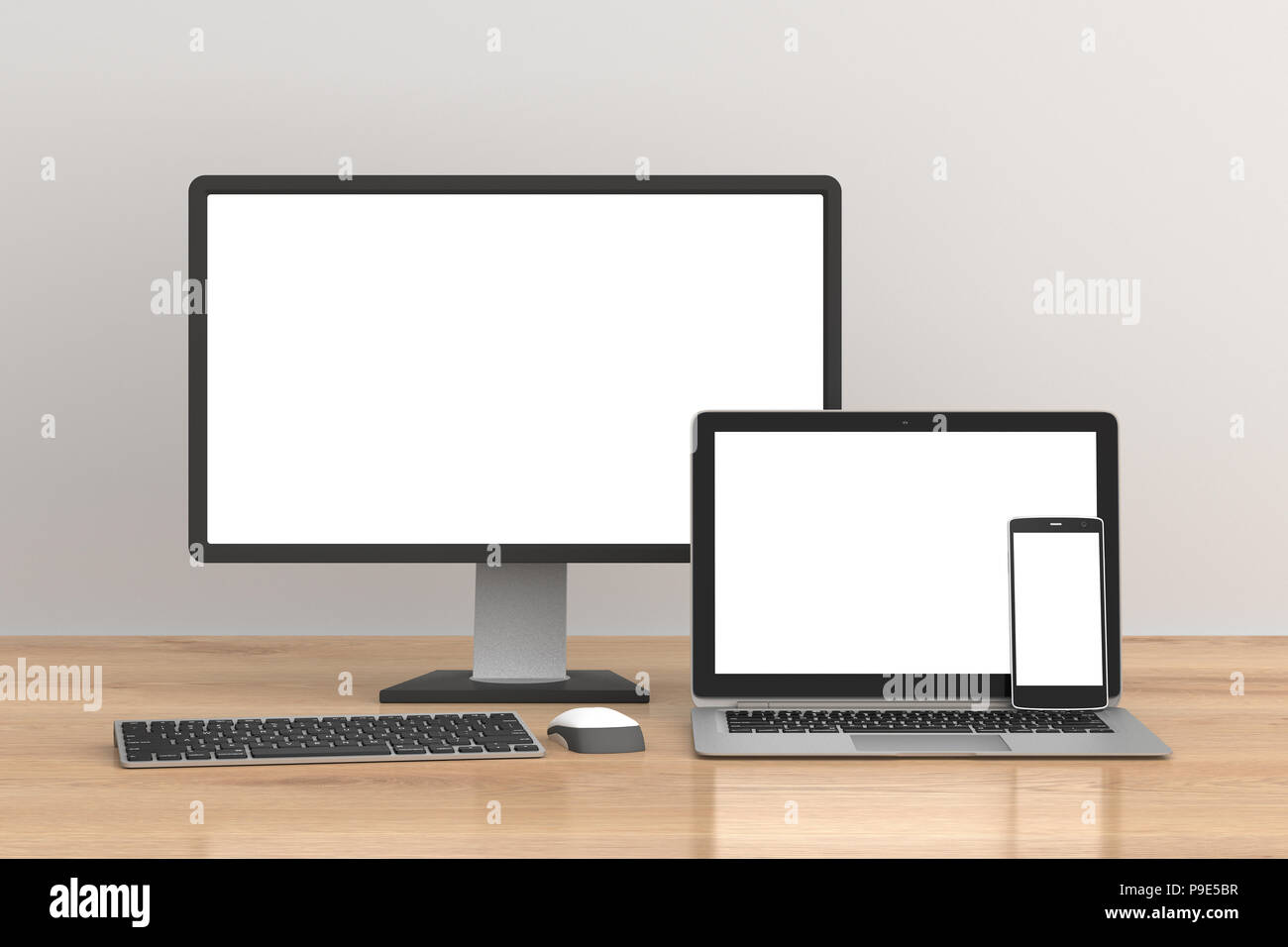 Blank screen desktop monitor, laptop and smartphone isolated on wooden ...