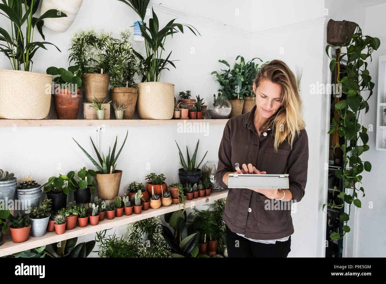 Female owner of plant shop standing next to a selection of plants on ...
