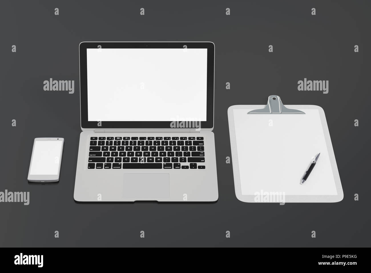 Blank screen laptop, smartphone and clipboard with pen isolated on ...
