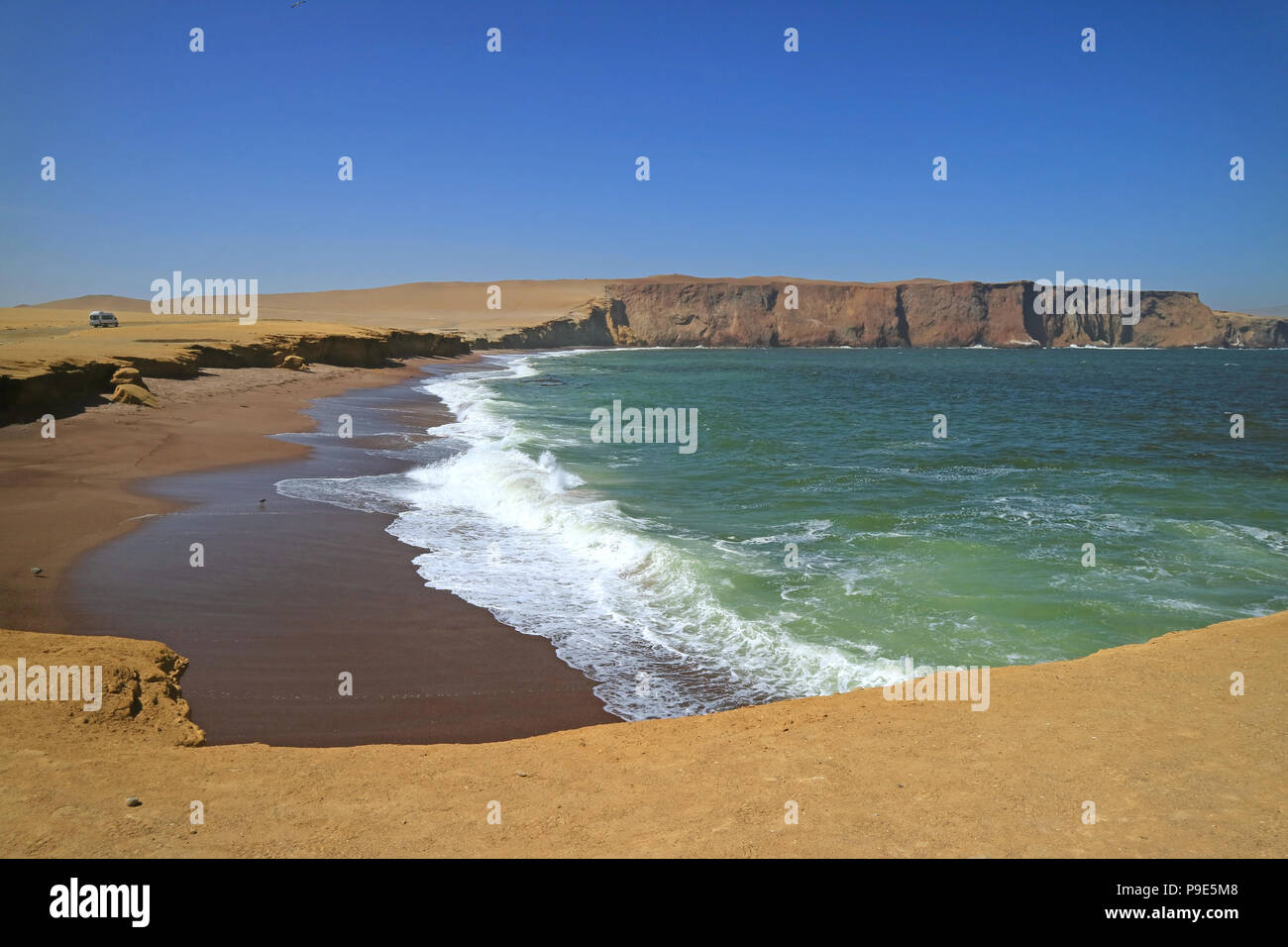 Green Ocean, Red Beach, Yellow Cliff and Blue Sky at Paracas National ...