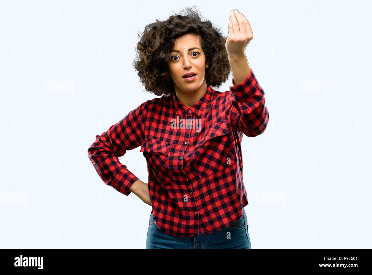 Beautiful arab woman angry gesturing typical italian gesture with hand ...
