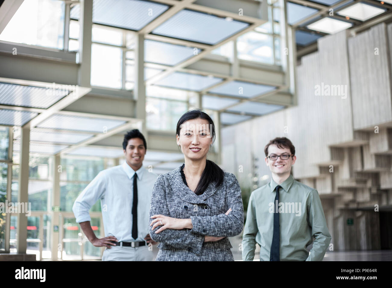 A portrait of a mixed race team of business people standing in the ...