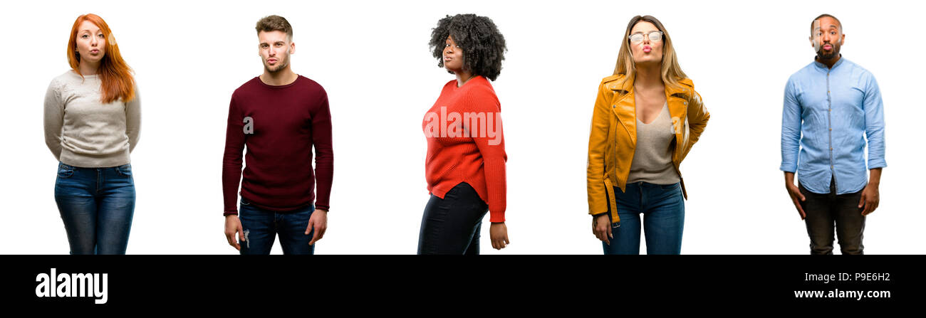 Group of cool people, woman and man expressing love, blows kiss at ...