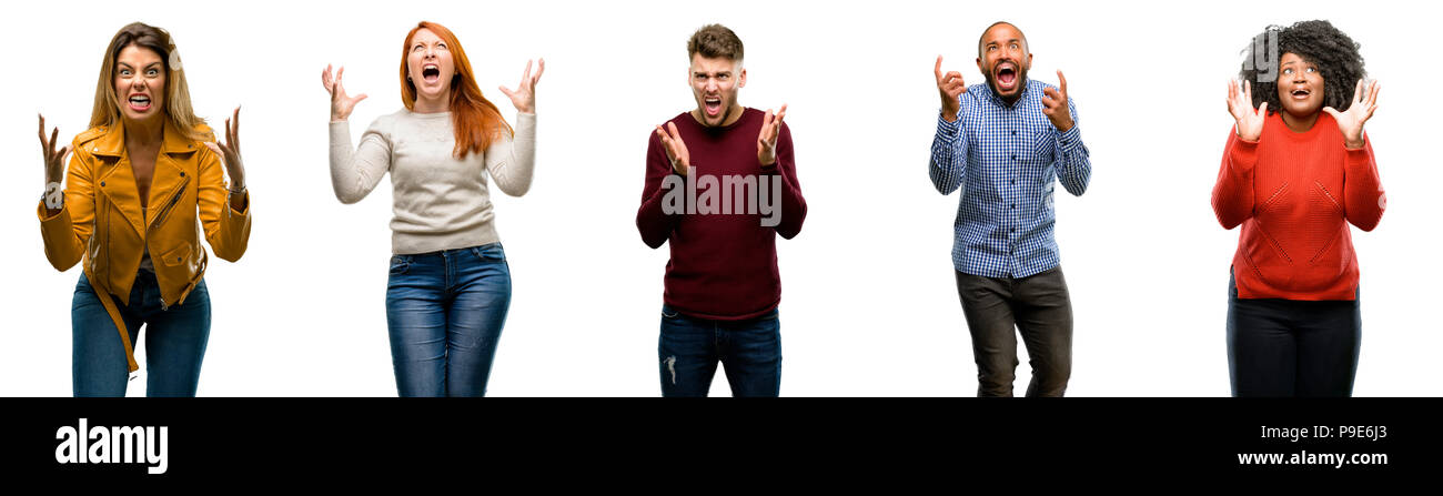 Group of cool people, woman and man terrified and nervous expressing ...