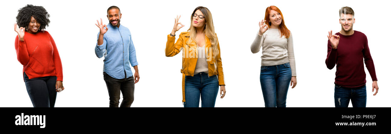 Group of cool people, woman and man doing ok sign with hand, approve ...