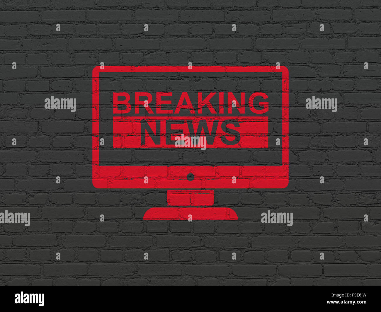 News concept: Painted red Breaking News On Screen icon on Black Brick ...