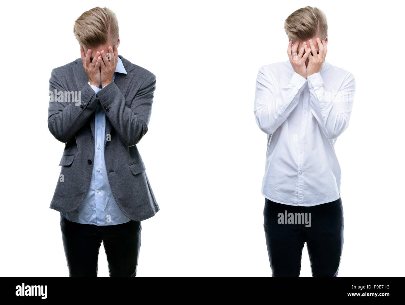 Young handsome blond business man wearing different outfits with sad ...