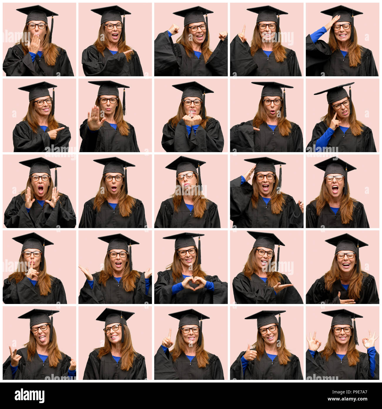 Middle age beautiful woman wearing graduation cap very happy doing ...