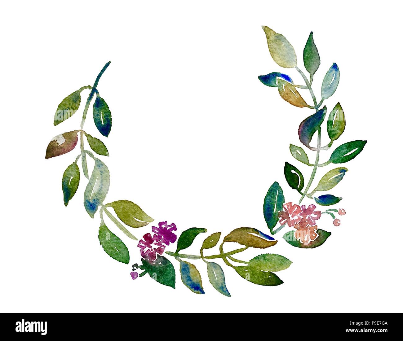 handmade circle wreath watercolor branch with leaves and flowers ...