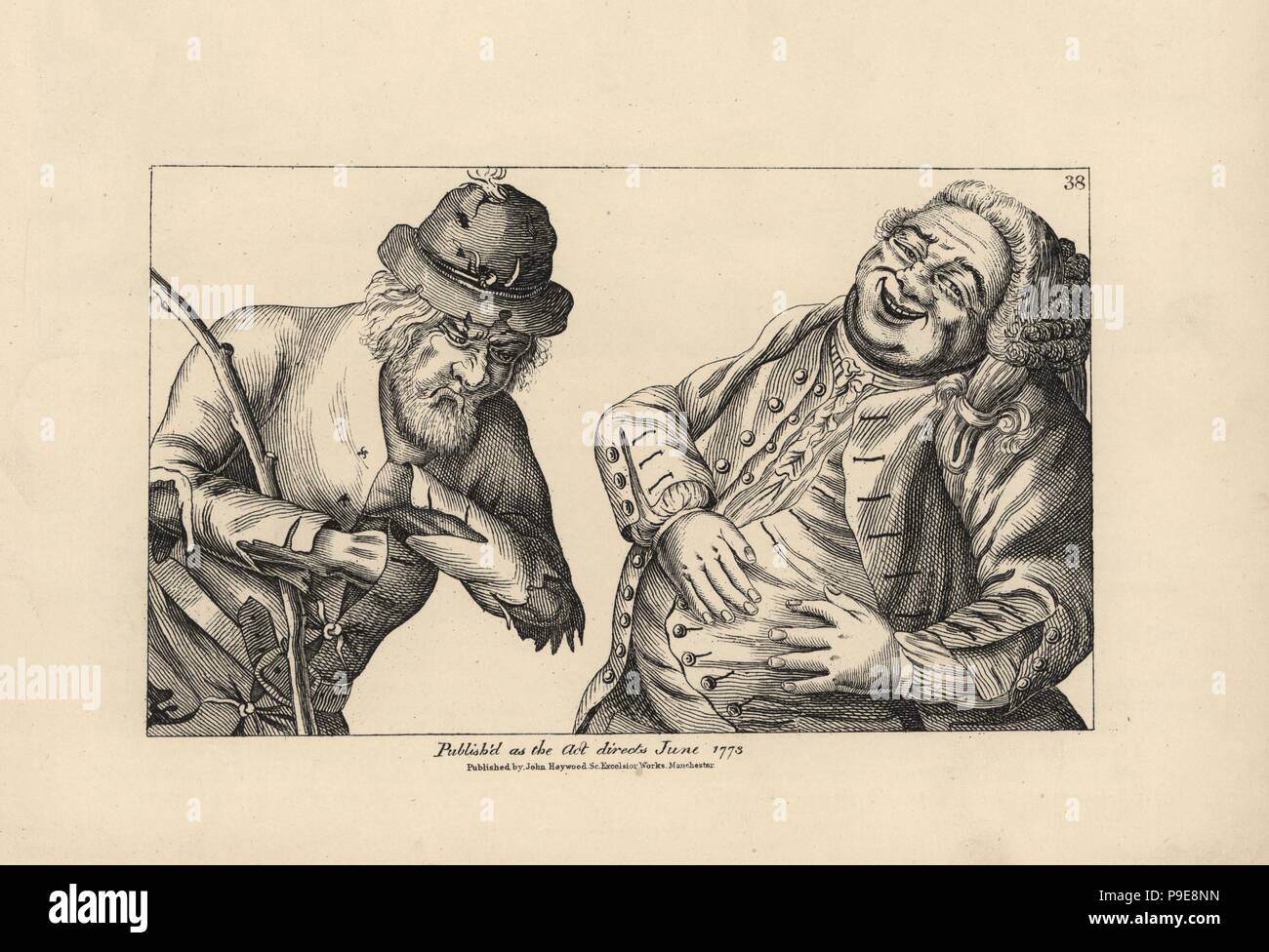 Wealthy fat courtier and poor rustic peasant in rags. Copperplate ...